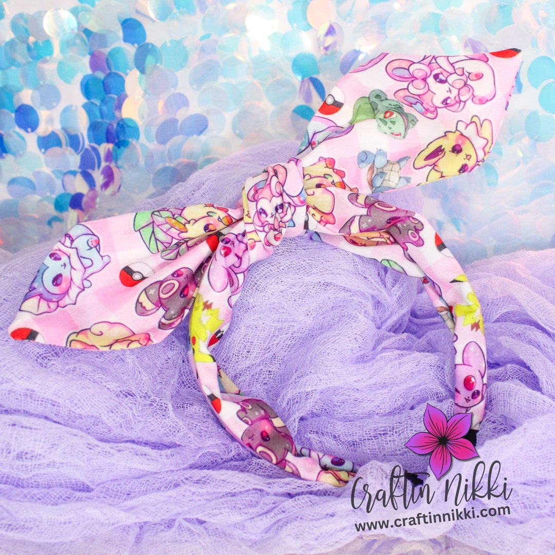 Pink and White Plaid Cute Fox Eevee Pocket Monster Fabric Tie Knot Bow ...