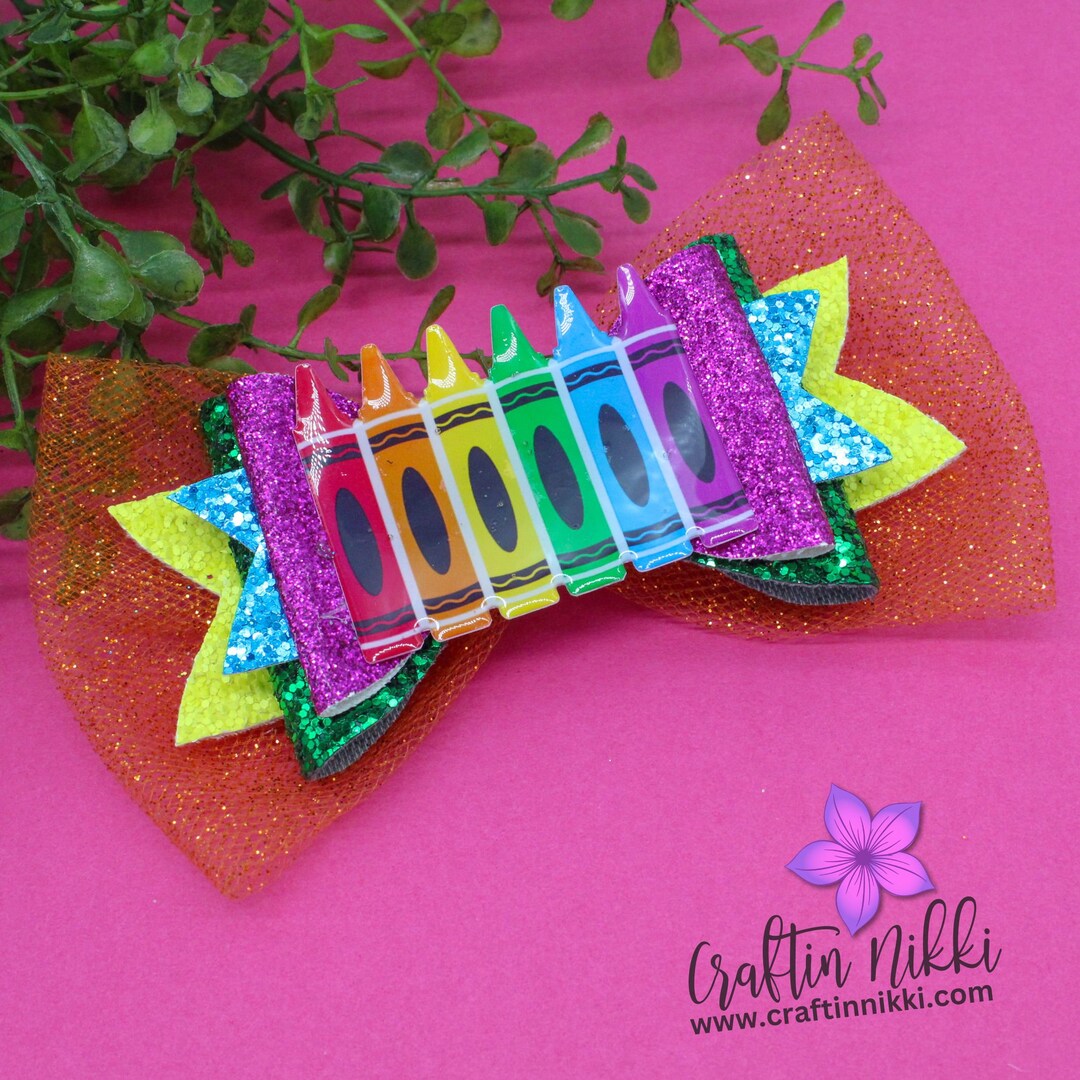 Rainbow Crayons Set Pink Chunky Glitter Leather Hair Bow Clip Straw ...