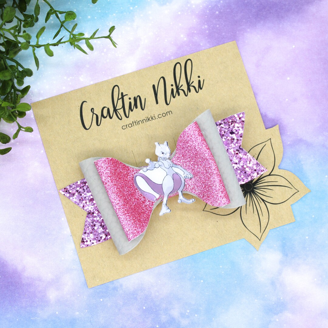 Mewtwo Psychic Pink Grey Chunky Glitter Leather Hair Bow Clip Straw ...