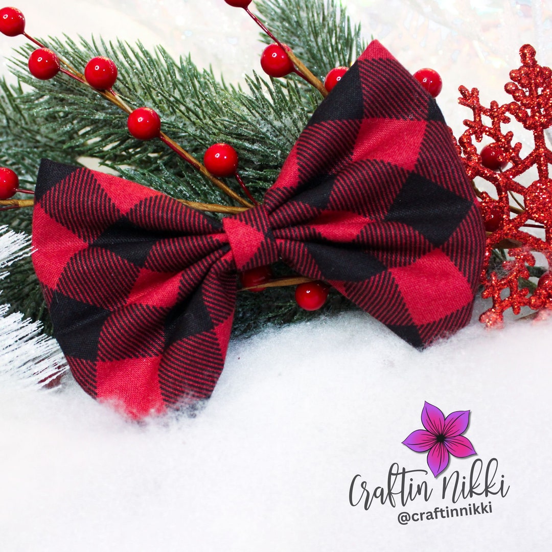 Red Buffalo Plaid Black Cotton Fabric Hair Bow Clip Set Christmas Adult ...