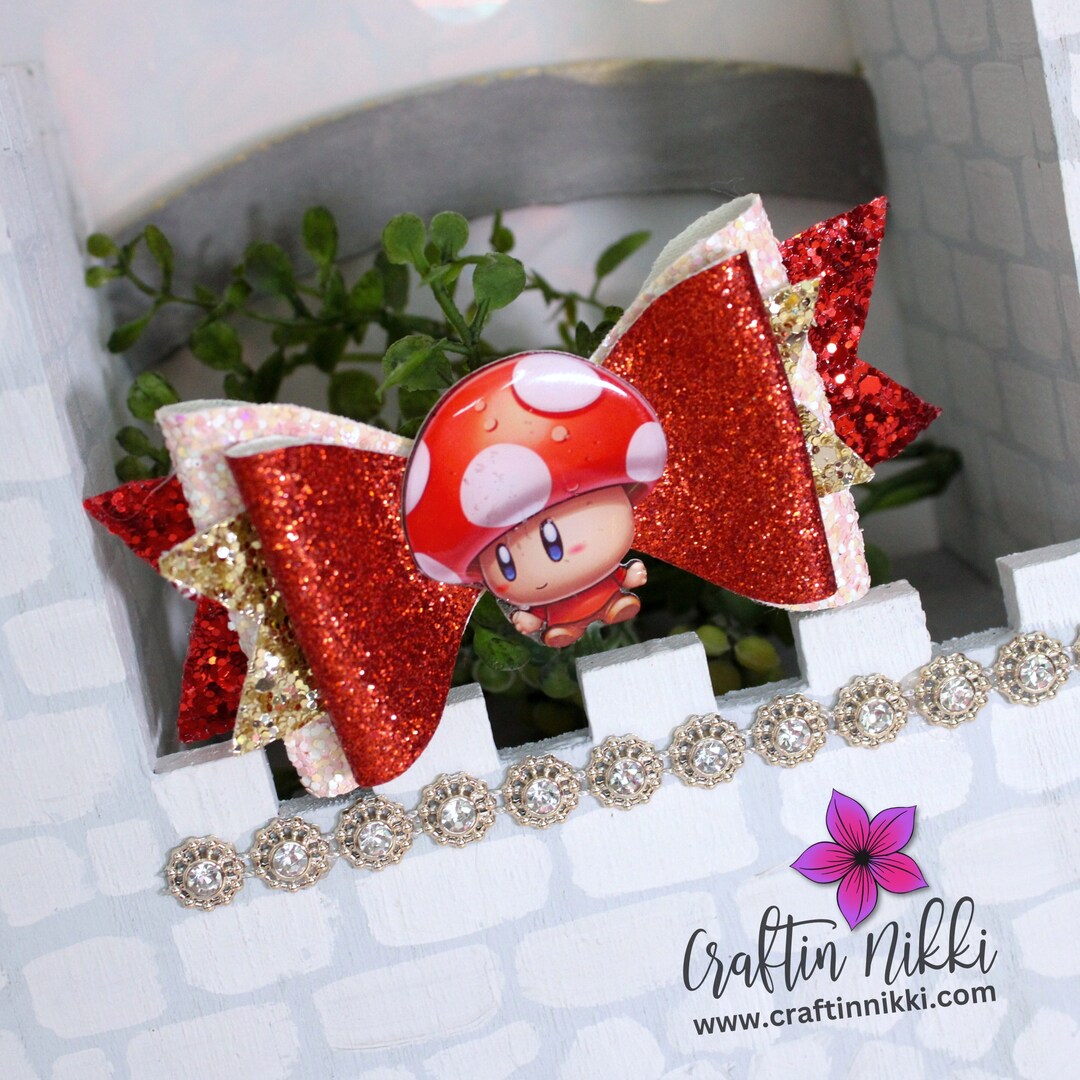 Cute Mushroom Toad White and Red Plumber Friend Glitter Hair Bow Clip ...