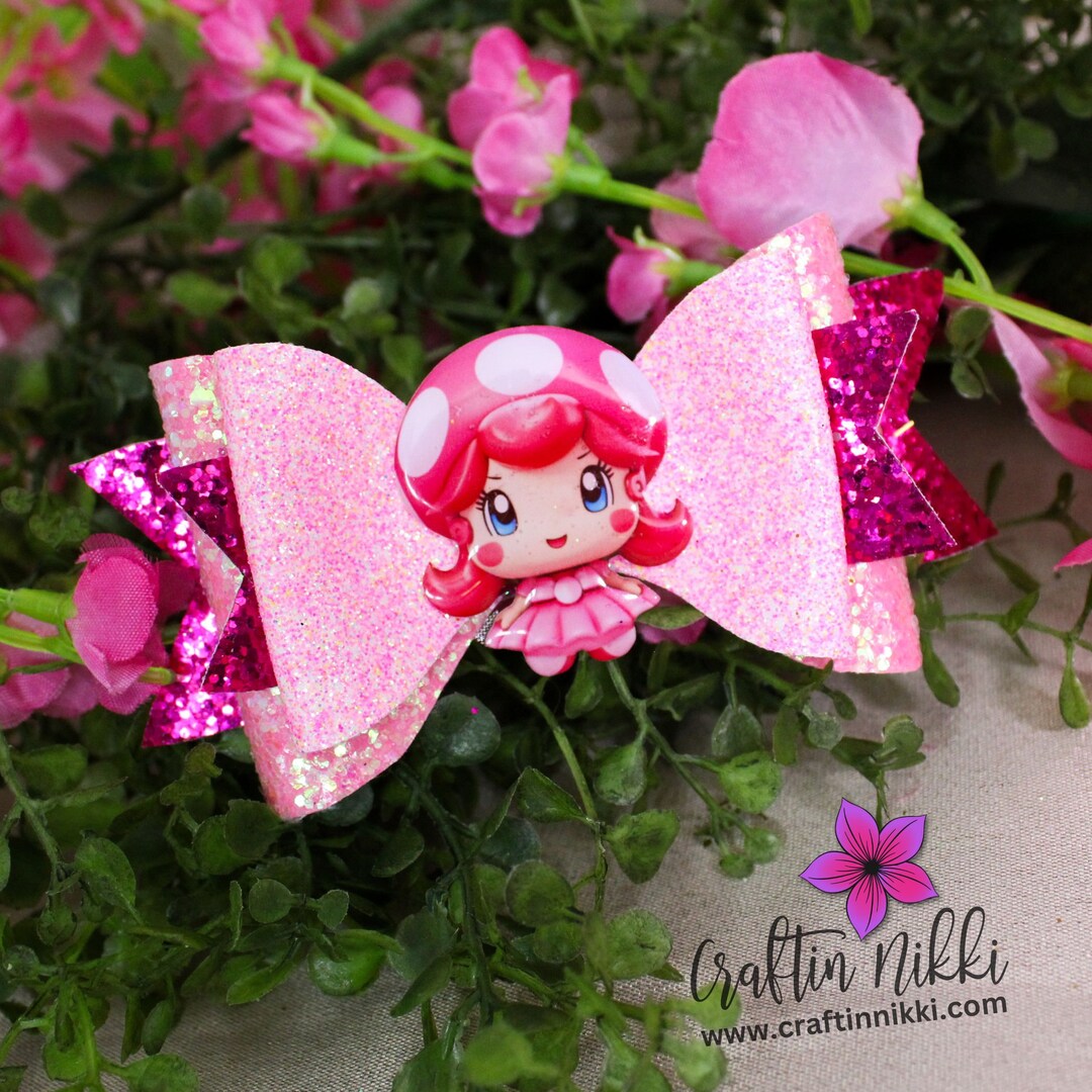 Cute Mushroom Toad Pink and Red Plumber Friend Glitter Hair Bow Clip ...