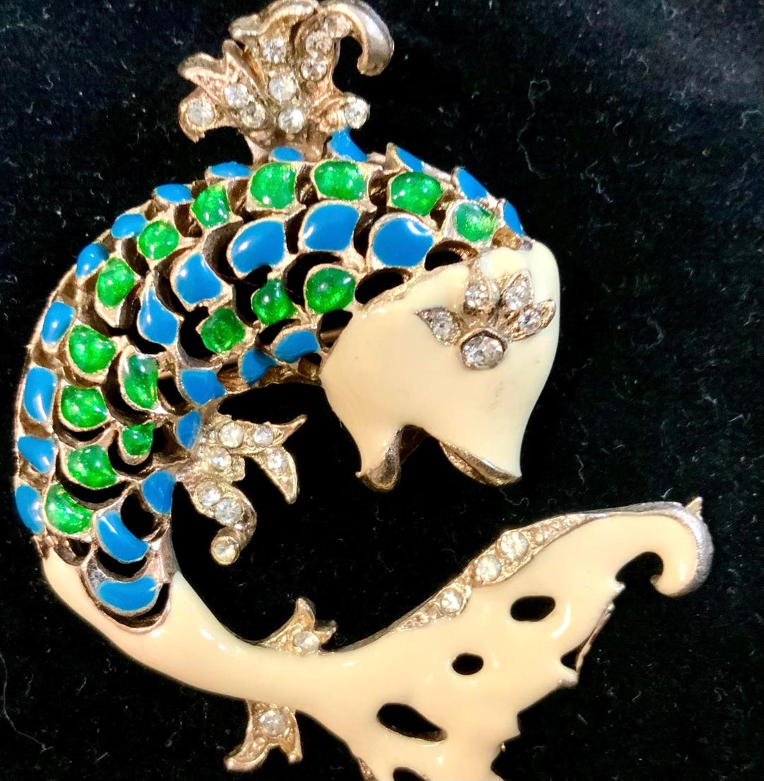 Fish Pin Brooch/panetta Dolphin/rhinestone/enamel/book Piece/vintage - Etsy