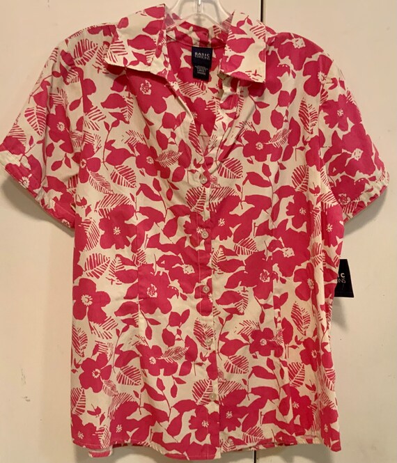 XL Floral Hawaiian Blouse-Shirt/Basic Editions/Pink+G… - Gem
