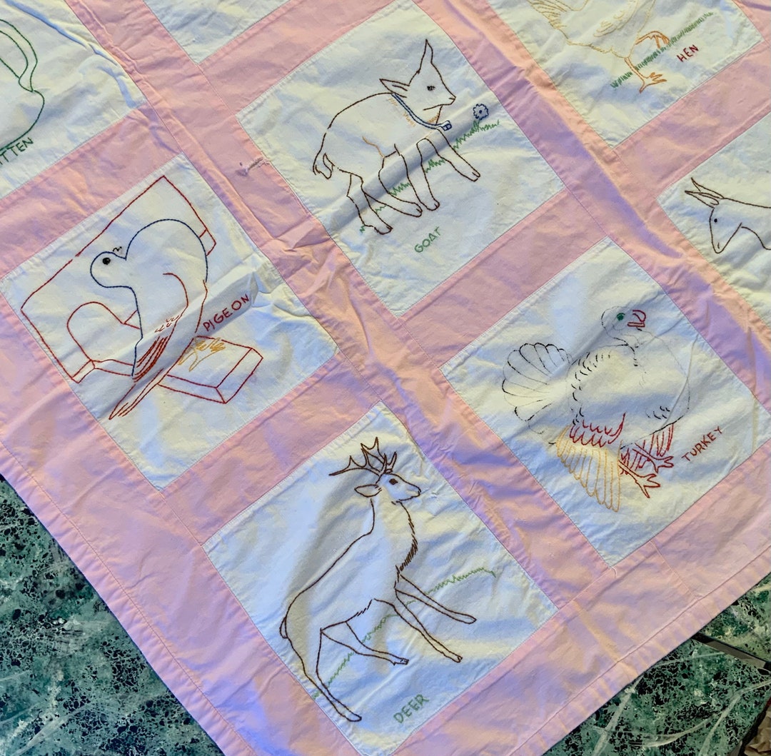 Vintage Embroidered Crib Quilt/pink Baby Girl Quilt/animal Embroidery ...
