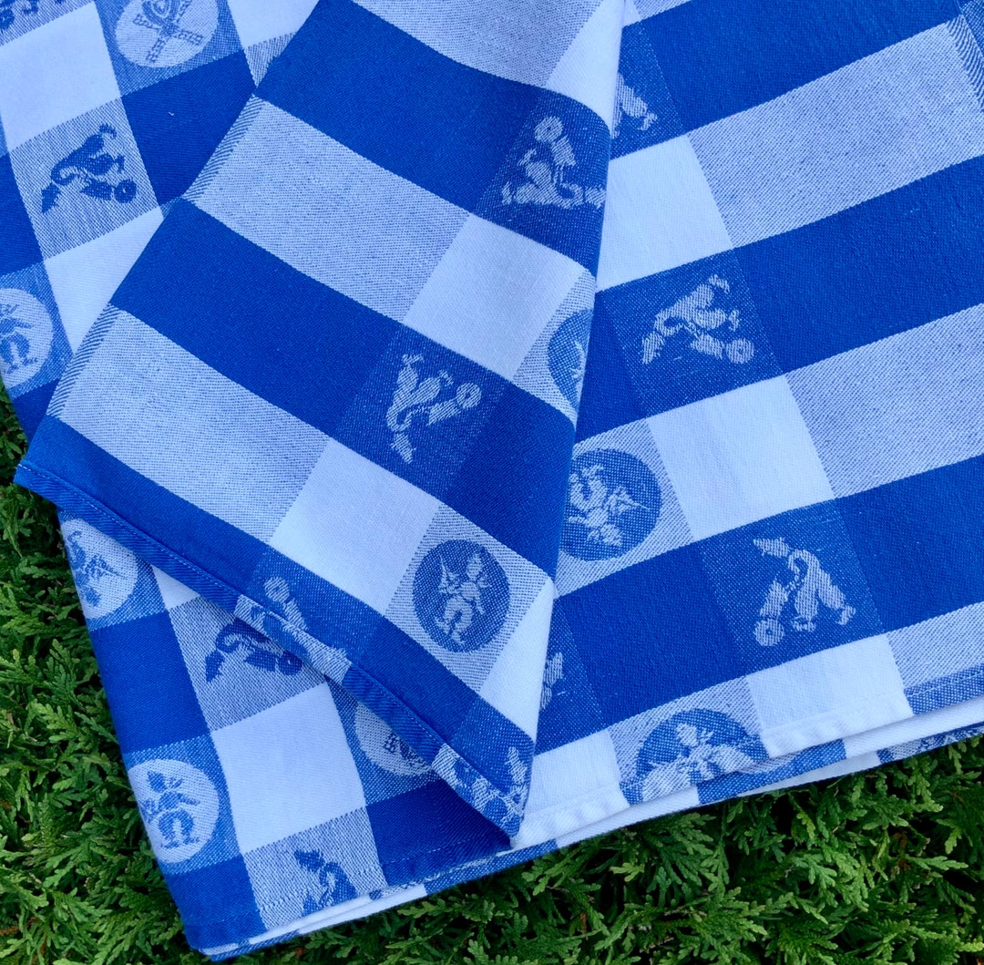 Vintage Blue Check Tablecloth/dutch Boy-holland-windmill Print/kitchen ...