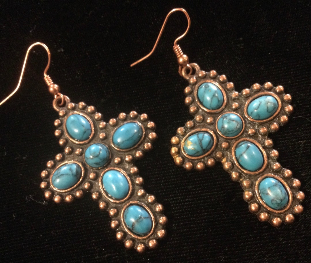 Cross Earrings/faux Turquoise/copper/religious Catholic Crucifix ...