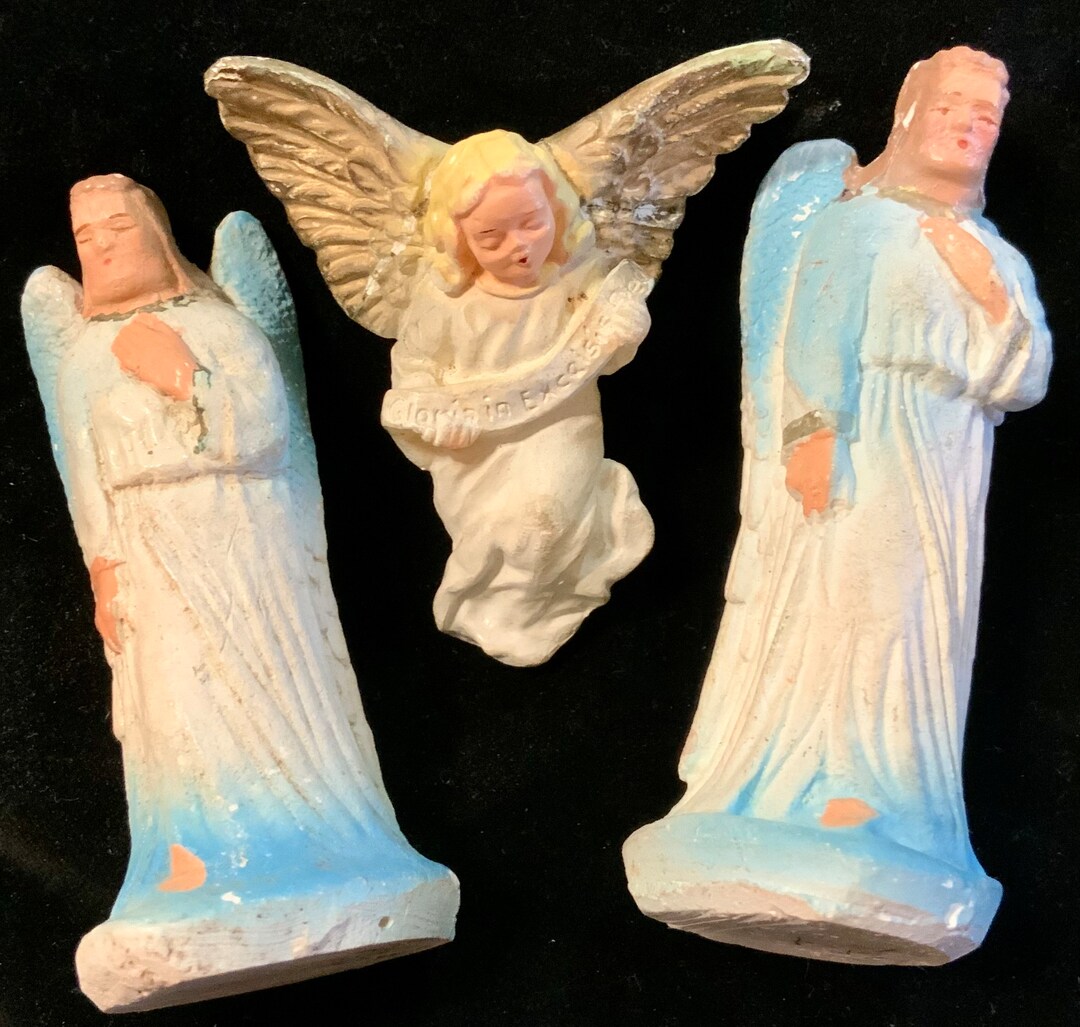 Nativity Angel Figurine Set/chalk-ware Plaster/1 Hanging “gloria in ...