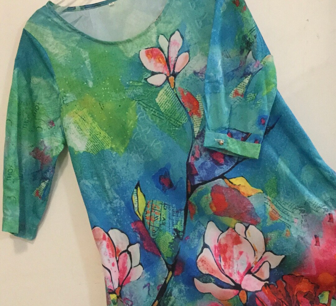 Floral Tunic Dress/slip-on/abstract Flower Print/pink+turquoise/knee ...