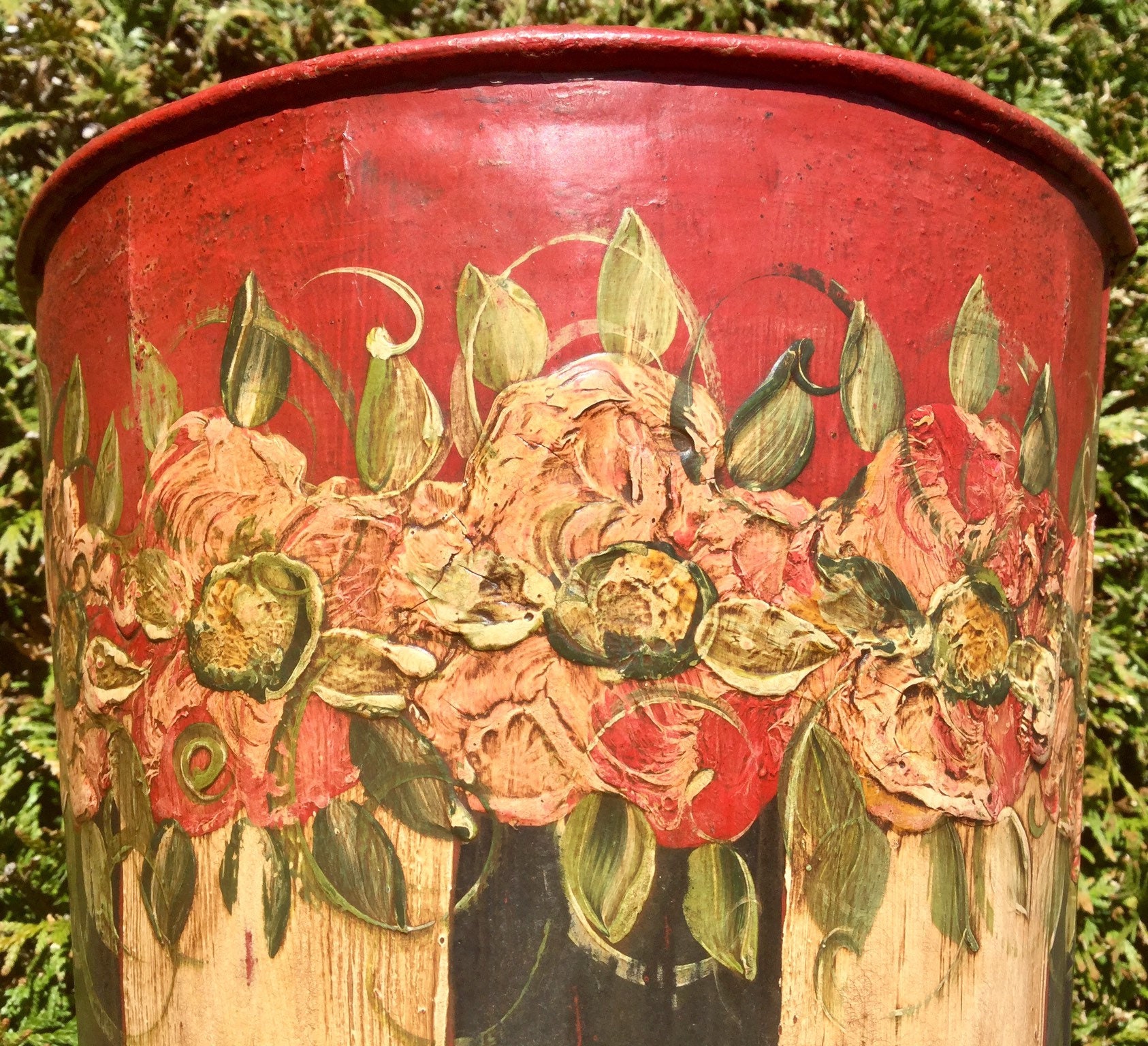 Toleware Sap Bucket-pail-tin Ware Canister/hand-painted Flowers/french ...