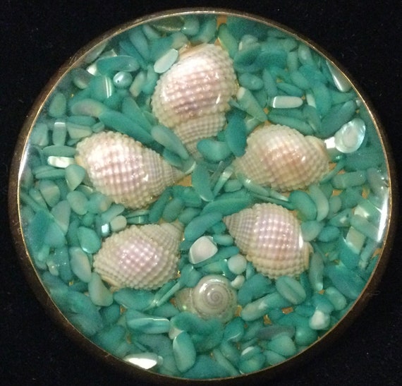70s Shell Belt Buckle/Lucite & Turquoise Stone Chips/… - Gem