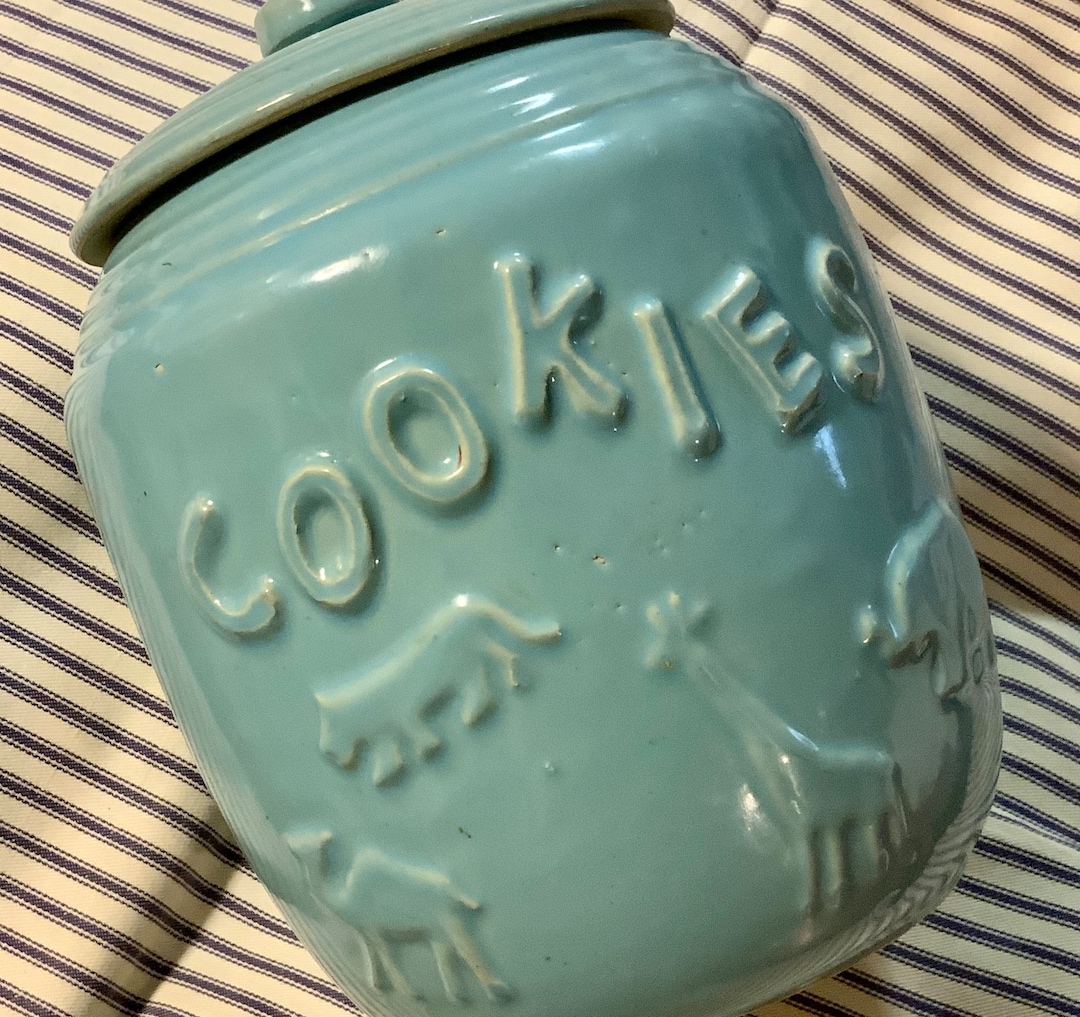 Salemccoy Blue Cookie Jar/zoo Animal Crackers/turquoise Round Canister ...