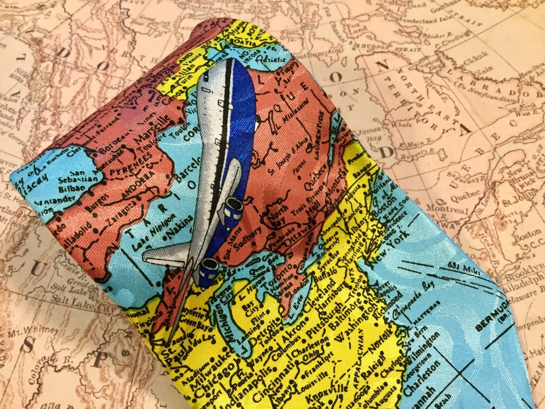 Map Tie-necktie/airplane Print/blue Geography Print/pilot/travel ...