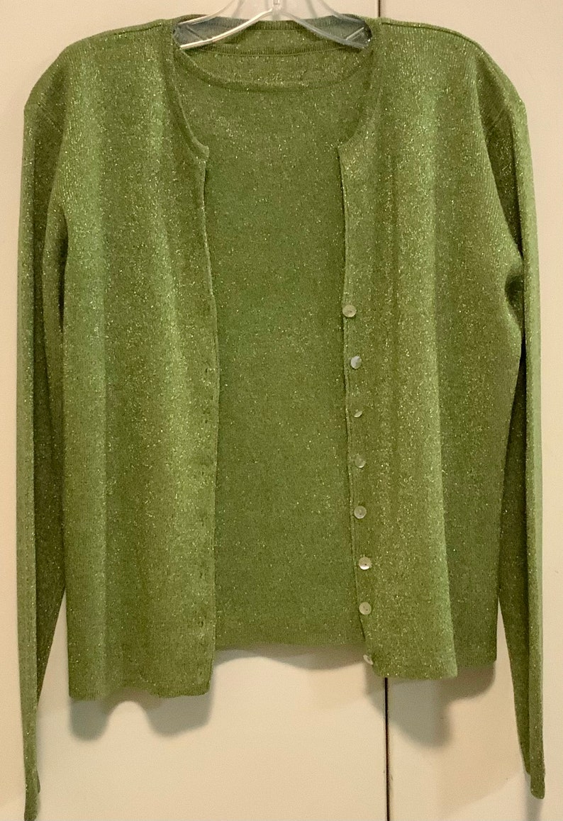 Green Metallic Knit Sweater Twin Set/shell & Matching Cardigan/acrylic ...