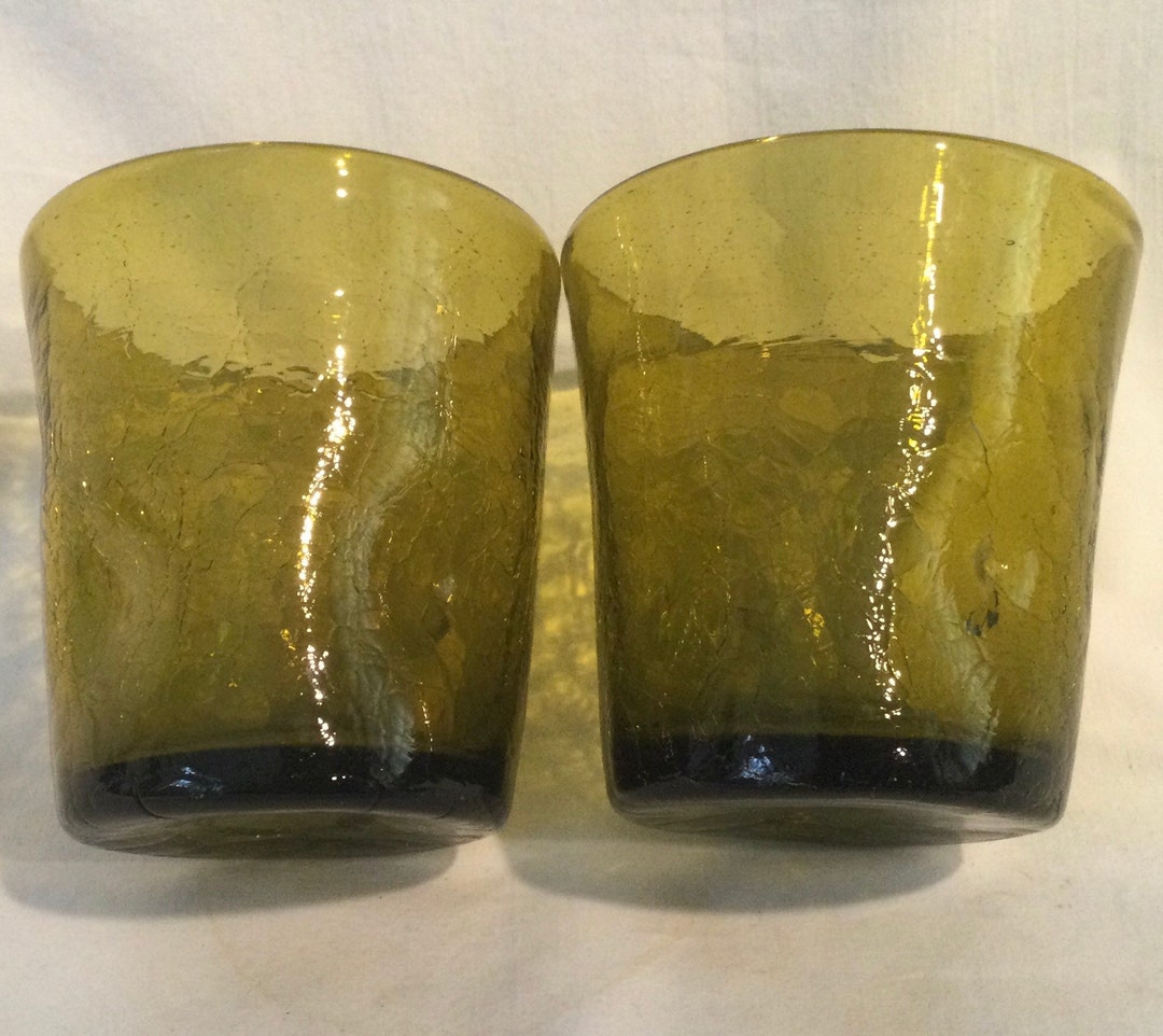 Blenko? Crackle Glass Tumbler Glass Barware/pinched-dimpled/green Blown ...