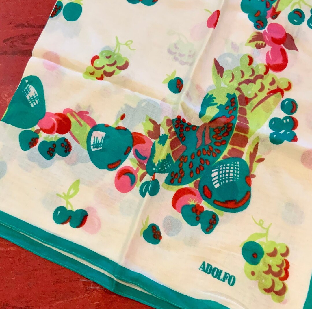 Adolfo Fruit Print Scarf/apples-cherries-grapes/green-pink-white/cotton ...