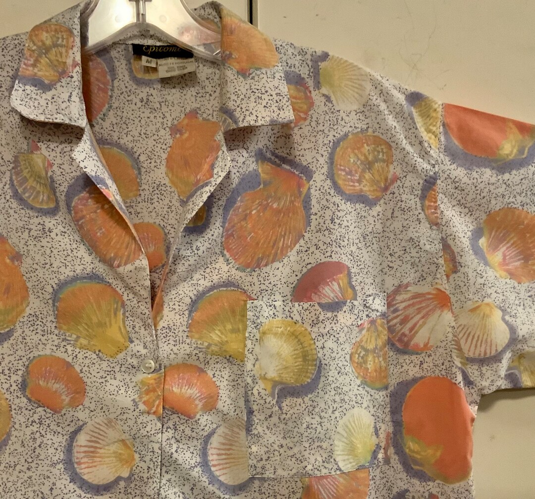 1980 Nautical Blouse-shirt-top/shell-seashell Print/button-up/short ...