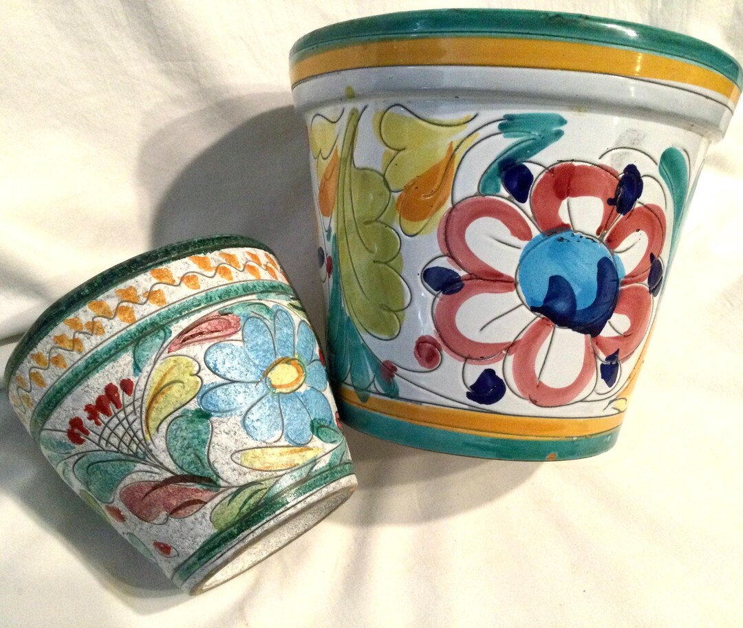 Italian Planter Set/flowerpot-plant Pot/floral/sgraffito/italy Deruta ...