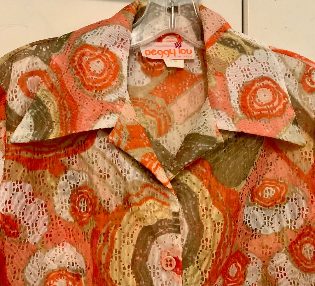 70s Orange Floral Blouse-shirt-top/eyelet Abstract Print/button Up/mod ...