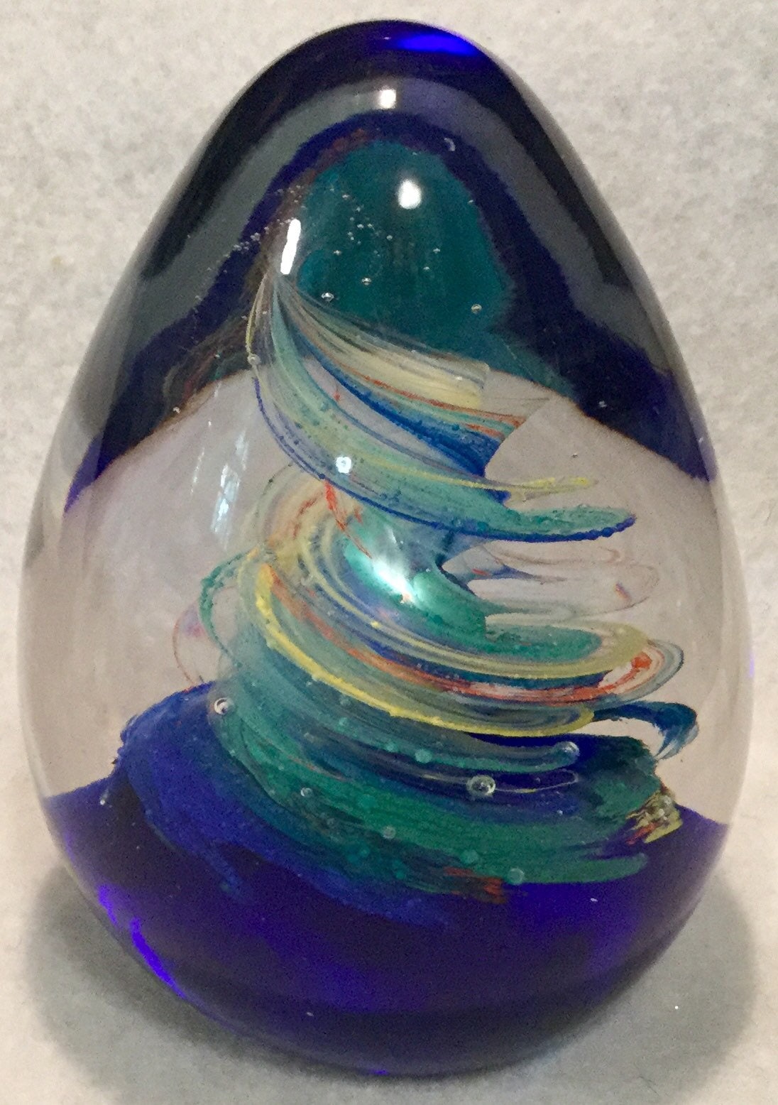 Murano Art Glass Paperweight Large Controlled Bubble Egg Shaped Swirled Colorful Bottom ...