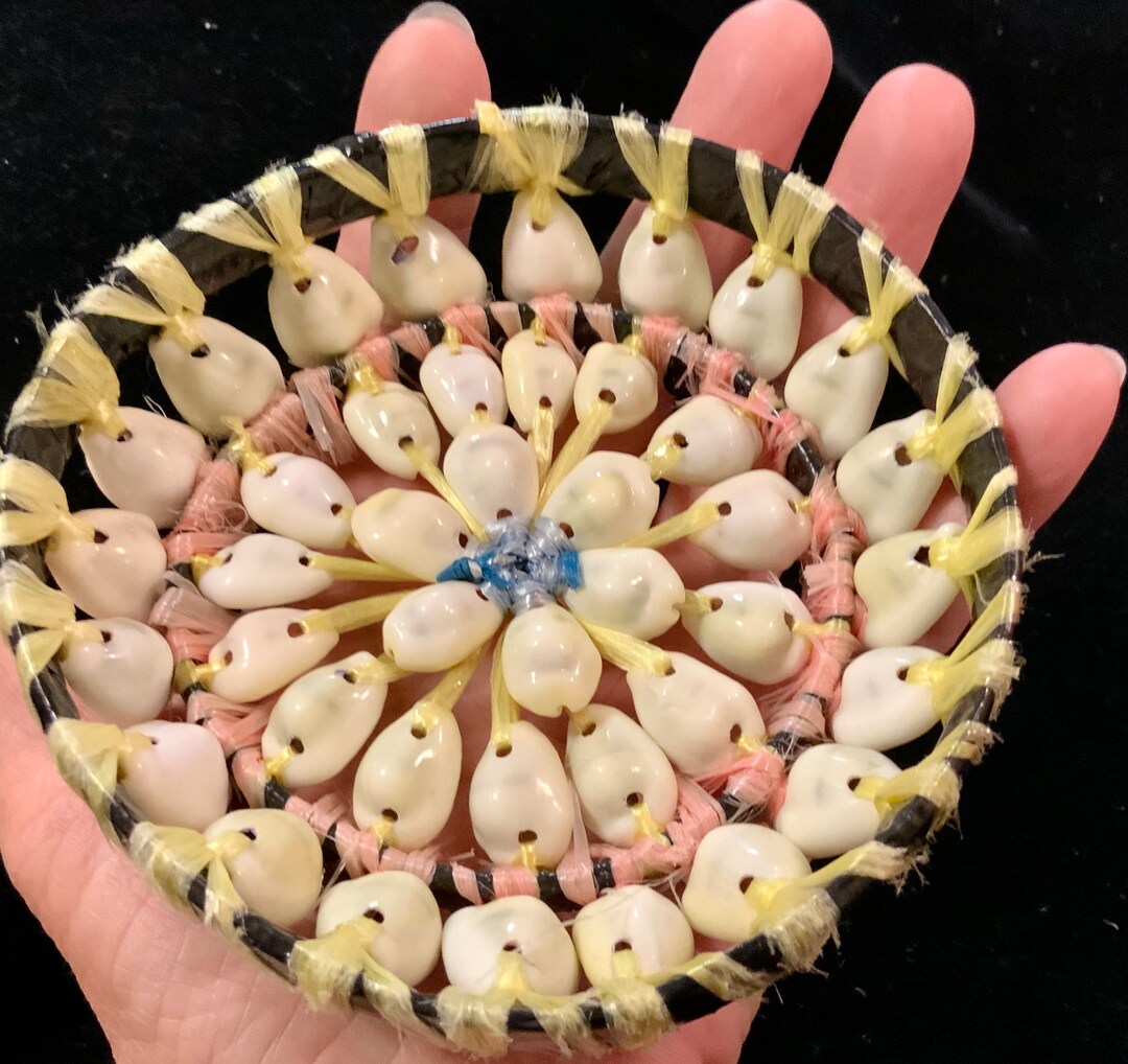 Shell Dish-bowl-trinket Dish-ring Dish/woven Seashells & Raffia/cowry ...