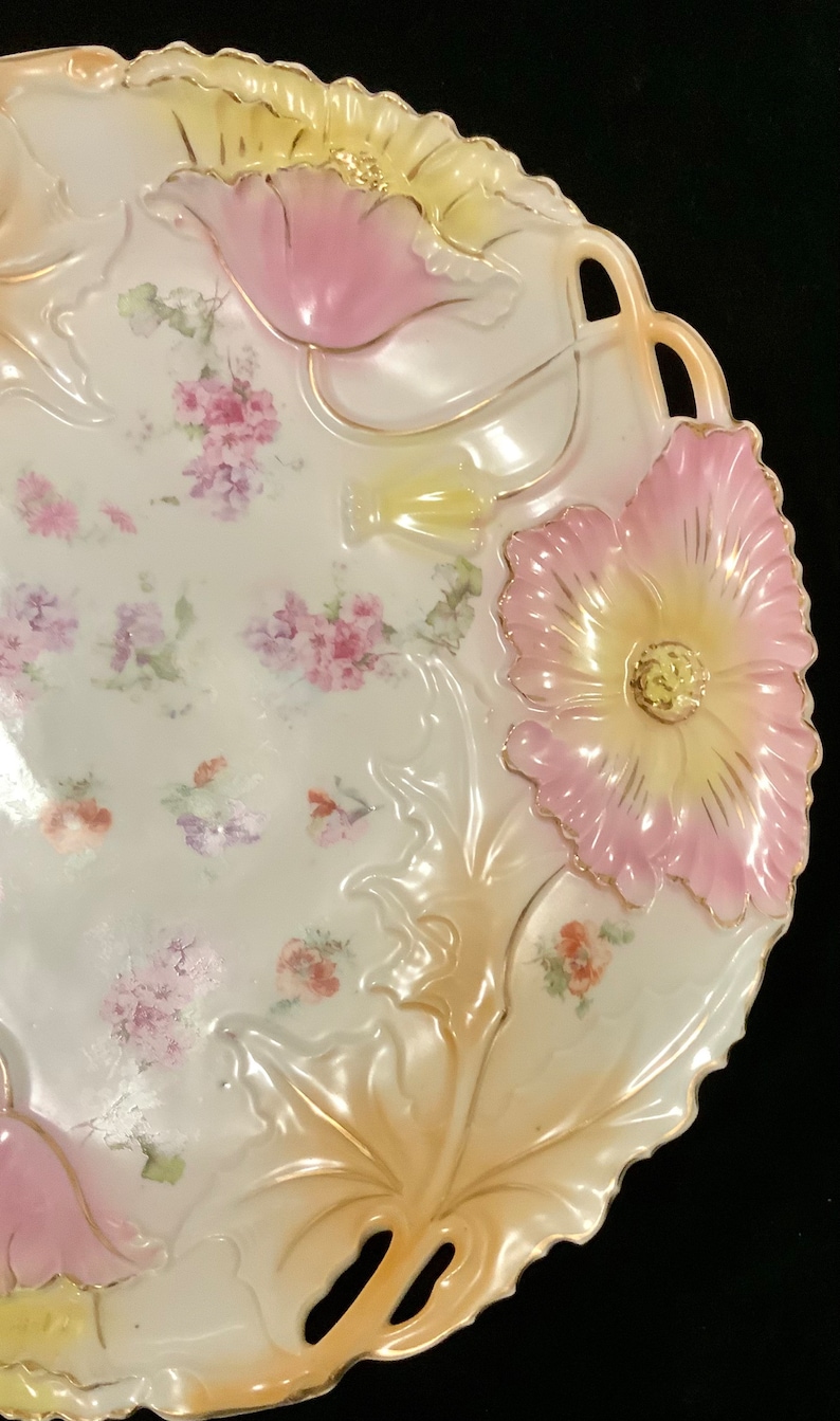 XL Cake Plate/cabinet Plate/germany Jpf/pink Flowers/embossed/22kt Gold ...