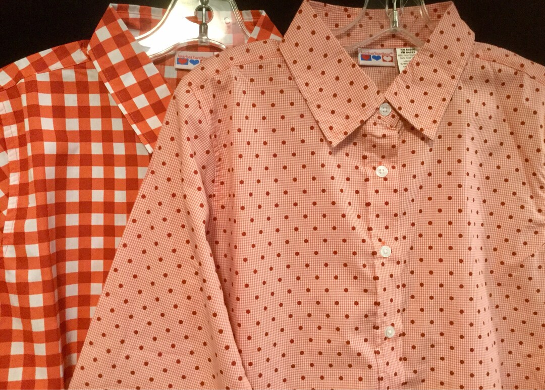 Red Blouse Shirt/gingham Check & Polka Dot Print/button Up/short Sleeve ...