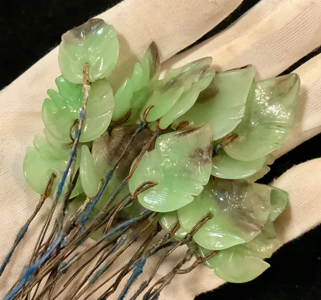 50s Loose Jade Leaf Floral Wire Stems/genuine Green Carved Chinese Jade ...