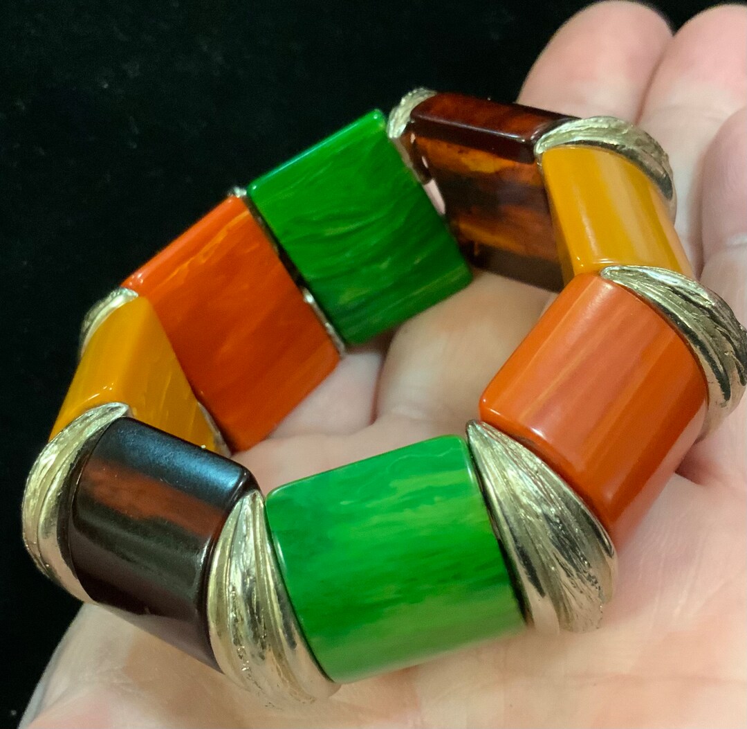 Bakelite Stretch Bracelet/panel/wedge/multicolor/green-gold-rust-brown ...