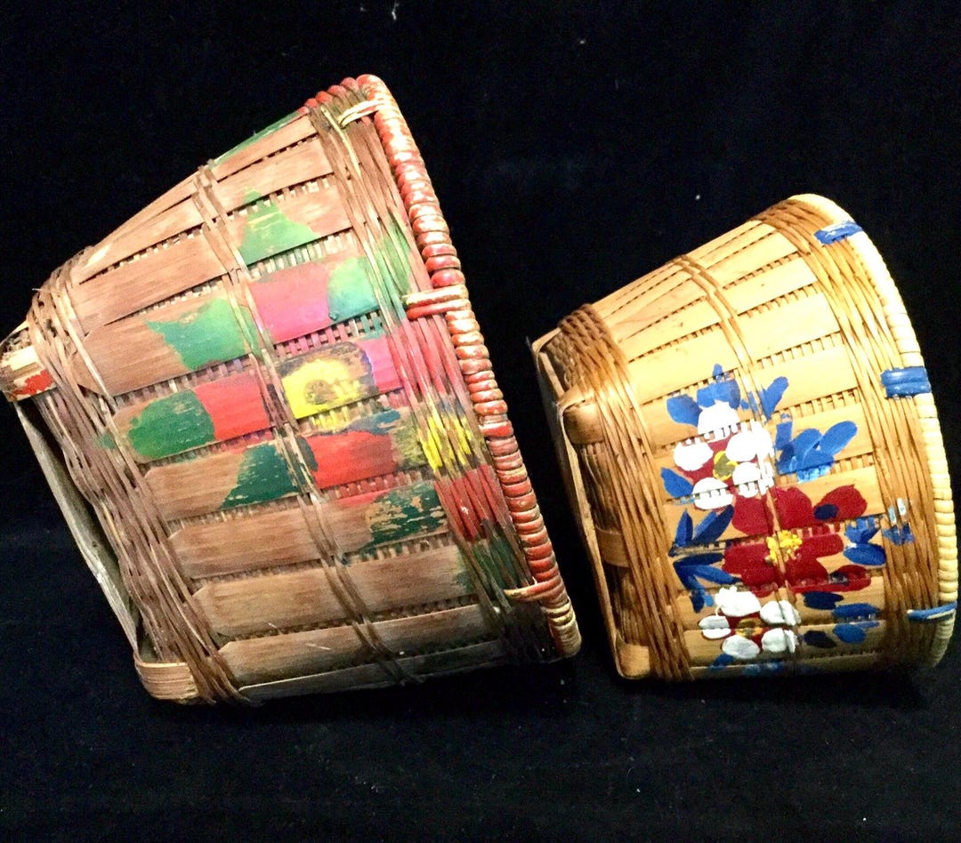 Wicker Basket-planter-cache-pot Pair/hp Flowers/"sally Patchin ?”/asian ...