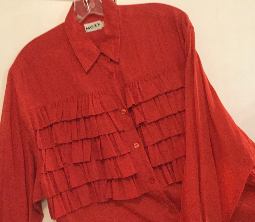 80s Red Ruffle Blouse/shirt MEXX Button-up Long-sleeve - Etsy