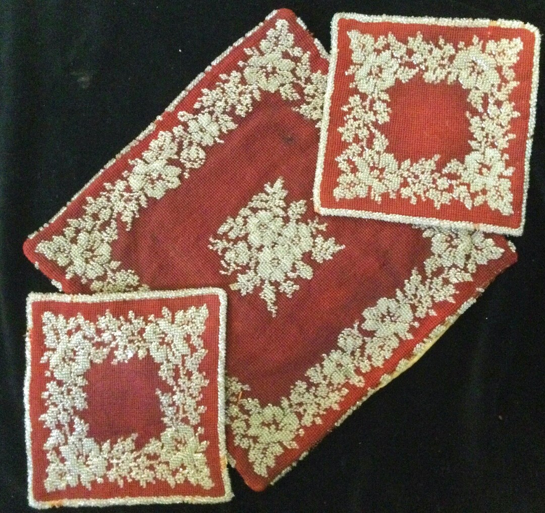 1800s Beaded Doily-mat-pillow Cover/red Needlepoint With Glass Seed ...