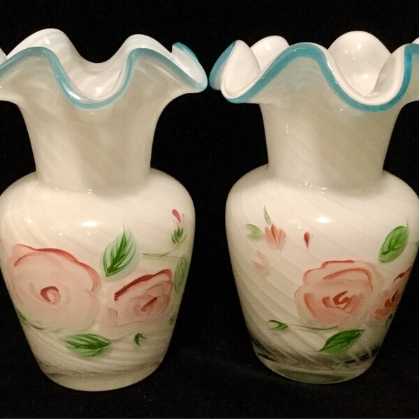 Fenton Blue Vase, Vintage Fenton Art Glass Hand Painted Floral Ruffled Rim Vase - Etsy