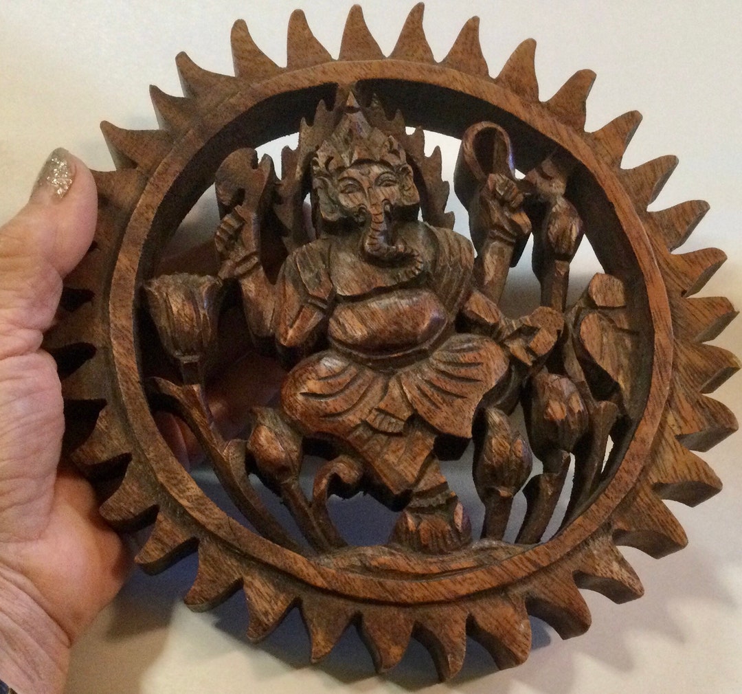 Carved Wood Plaque/lord Ganesha Human With Elephant Head/religious Asia ...