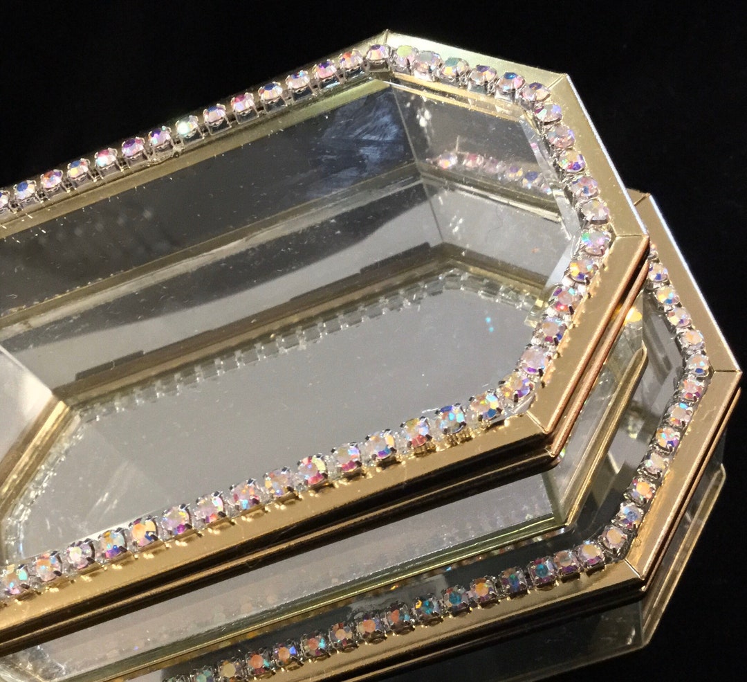 Rhinestone Jewelry Box-trinket Box Pair/glass & Brass/vanity Dresser ...