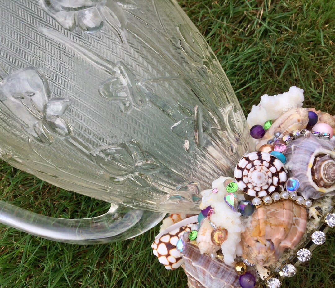 Shell Vase-pitcher/seashell Encrusted Carnival Glass/iris & Herringbone ...