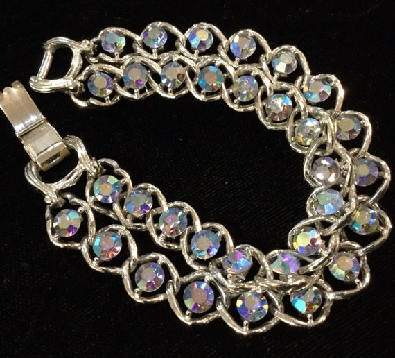 Rhinestone Link Bracelet ab Aurora Borealis Crystal Faceted glass silver tone Metal formal Wedding large wide vintage 1950 1950s Etsy