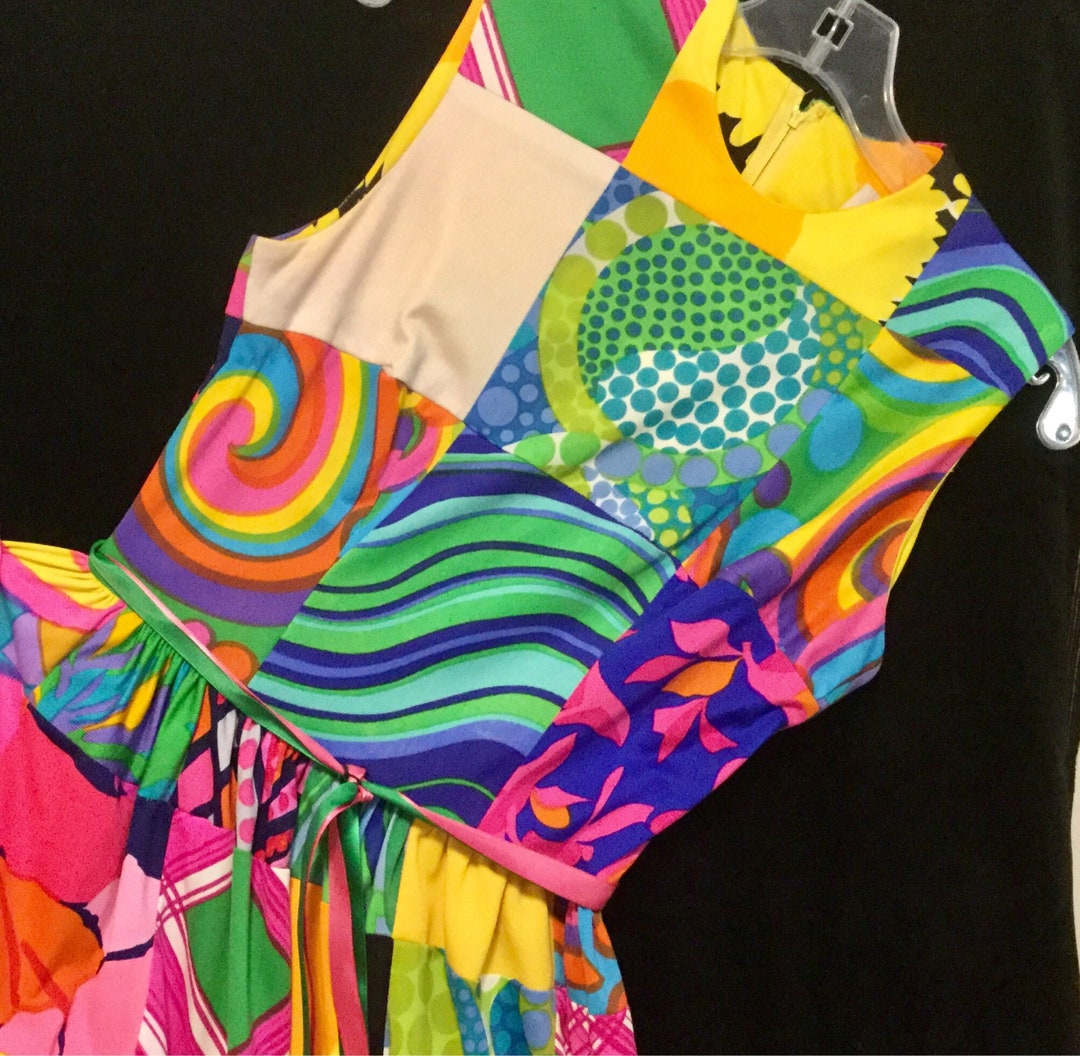 1970s Mini Dress/floral Patchwork/sleeveless/multicolor Pastel ...