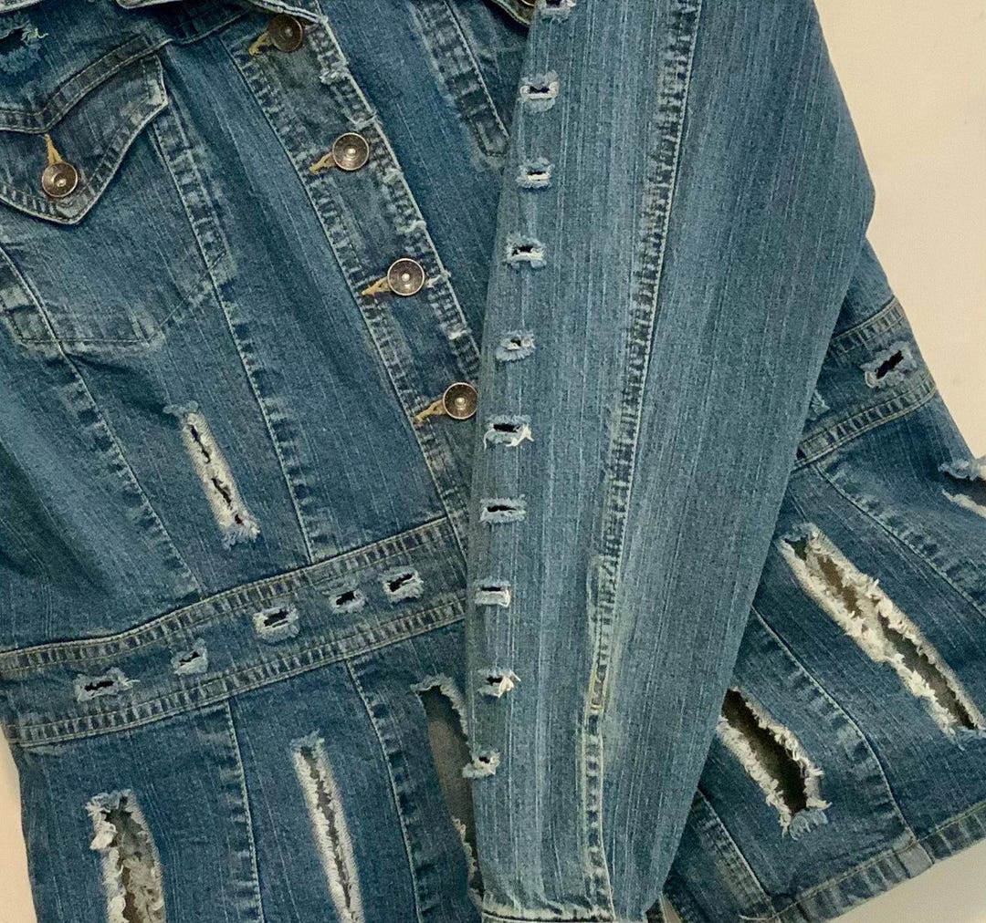 Blue Denim Jean Jacket-coat/distressed/controlled Rips/axcess by Liz ...