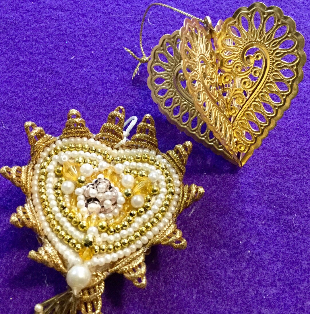 Dresden Heart Christmas Ornaments/beaded/gold Filigree Metal/pearl ...