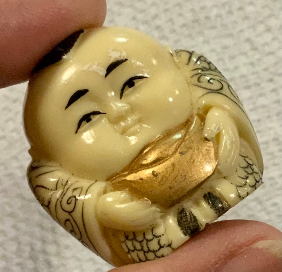 Japanese Netsuke Buddha Button-bead/alabaster/hotei/hand Carved/hand ...