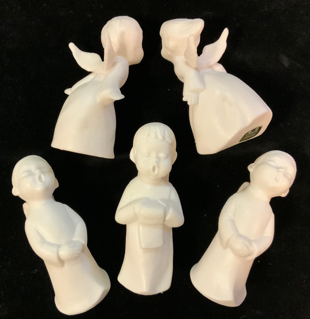 Angel Figurine/schmid Angel Set/2 Kissing Angels & 3 Singing Angels5 Pieces/white Ceramic ...
