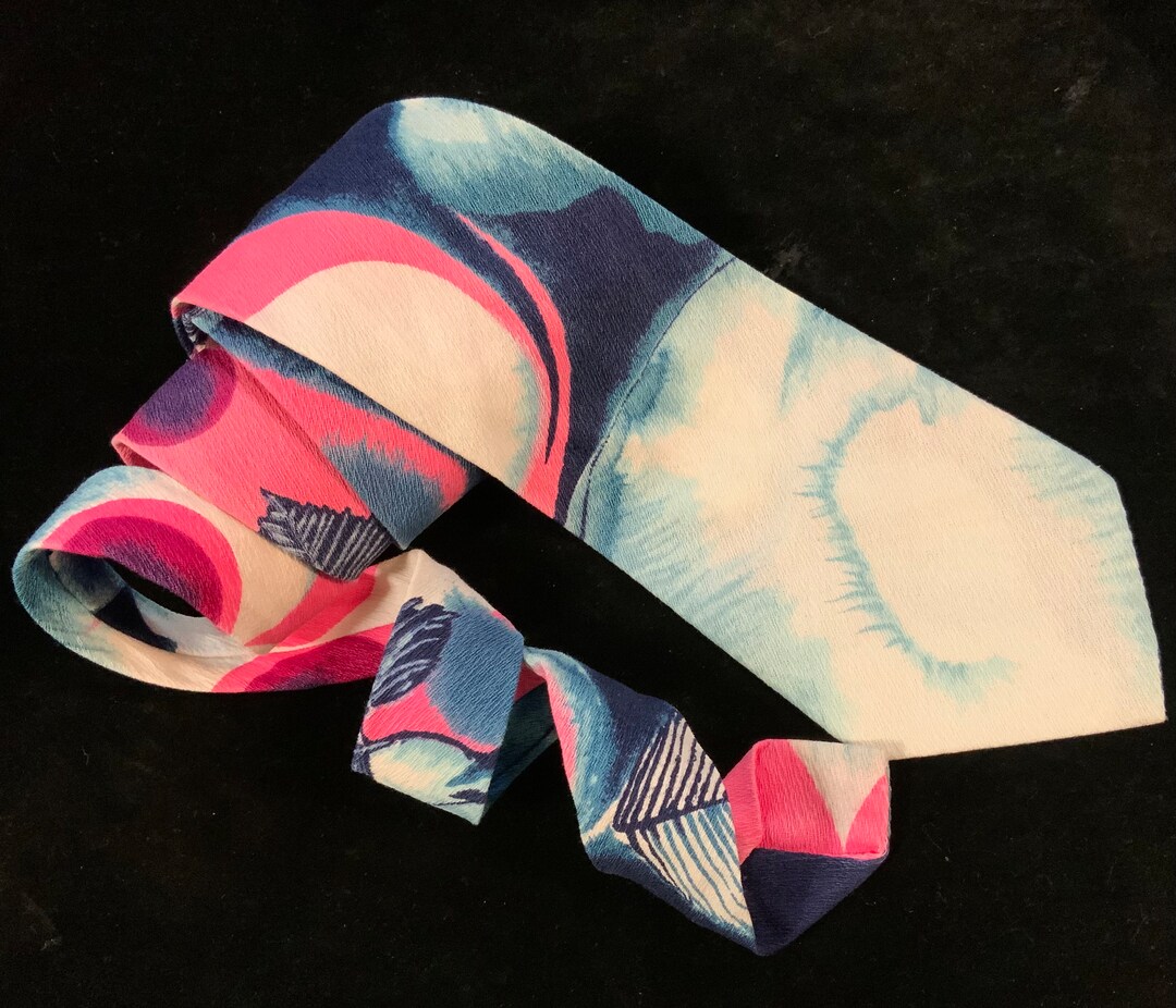 50s Hawaiian Tie-necktie/tie-dye Volcano Print/pink & Blue Abstract ...