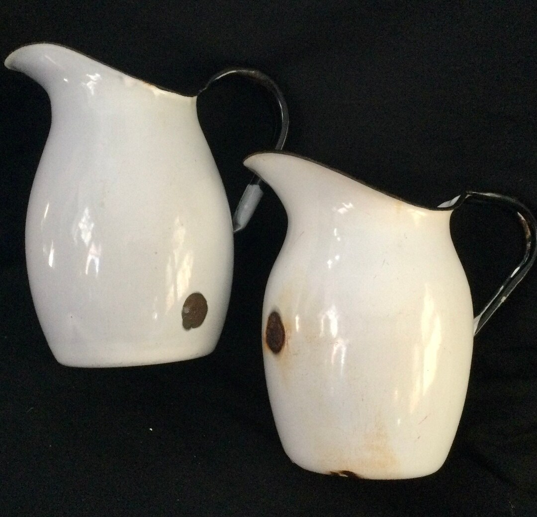Enamelware Pitcher-creamer-vase Set/white Metal Enamel W/ Black Trim ...