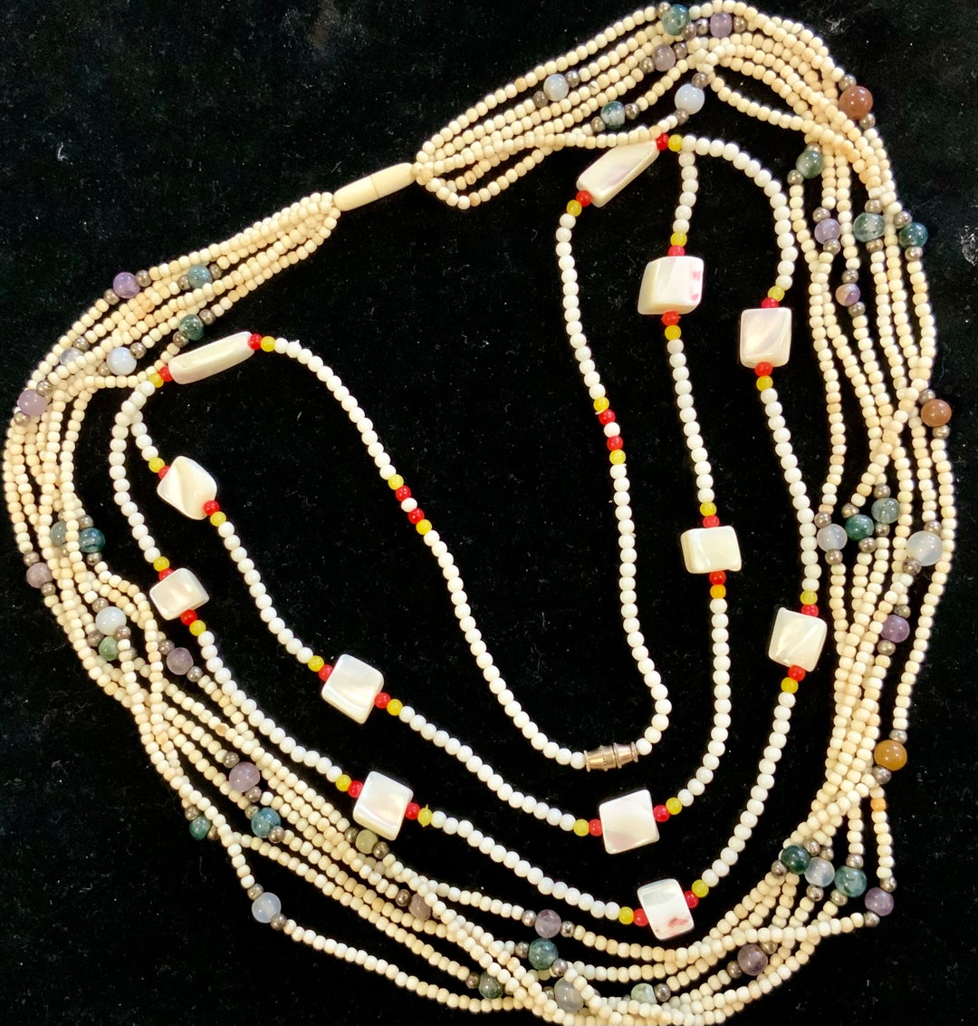 Bone Bead Necklace Choker/carved Bovine Bone/multi Strand/mop Shell ...