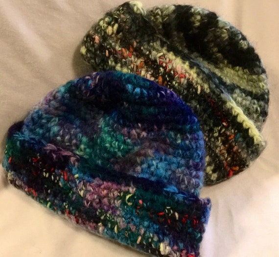 1980s Italian Crochet Beanie Hat-Skull Cap Pair/Black… - Gem