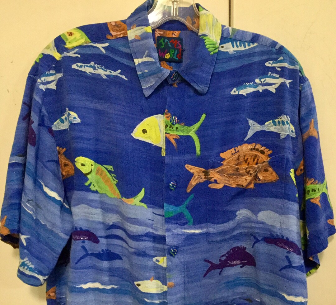 JAMS WORLD Hawaiian Shirt/blue Aloha Shirt/nautical Fish Print/crinkle ...