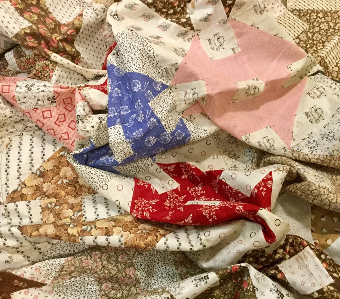 1800s Patchwork Quilt Top/handmade-hand Stitched/monkey Wrench Floral Graphic Print/brown/diy ...