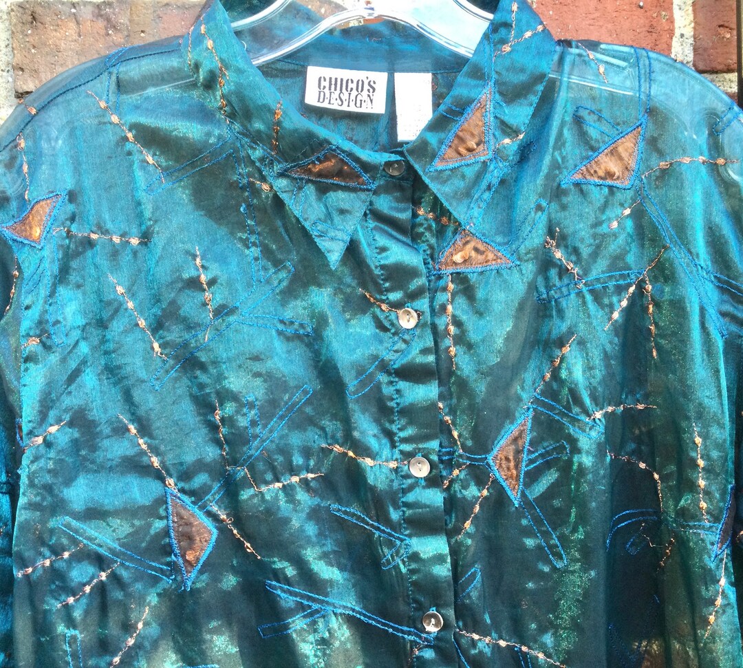 1980s Blue Metallic Blouse-shirt-top/chicos Design/polyester/button Up ...