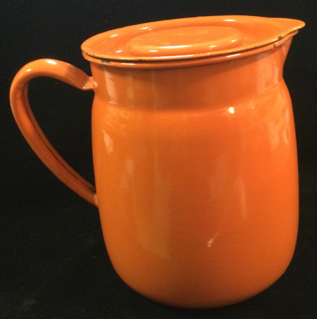 Enamelware Water Pitcher/orange & Yellow Graniteware Metal/hinged Lid ...